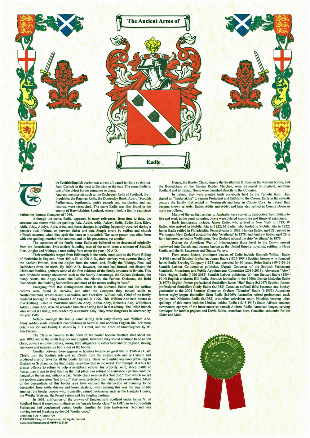 Coat Of Arms Surname History Scroll Full Colour Crest Authentic